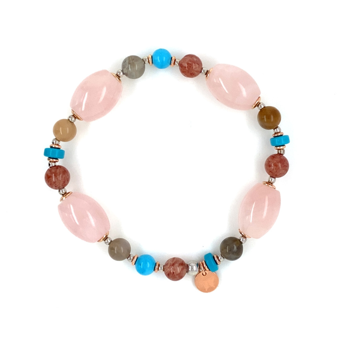 18K GOLD PLATED PINK QUARTZ BRACELET WITH AQUAMARINE, COLORED MOONSTONE ...